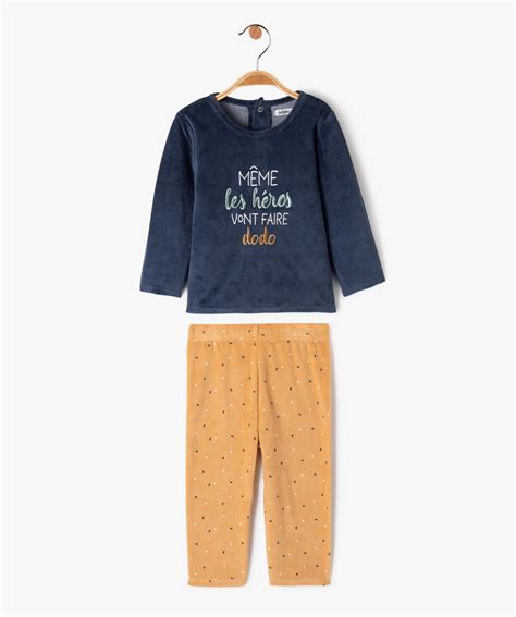 Pyjama 2 pièces en velours avec inscription brodée bébé bleu GEMO
