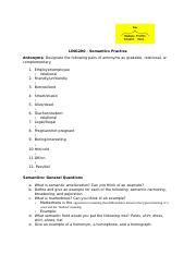 Semantics Practice Docx LING200 Semantics Practice Antonyms