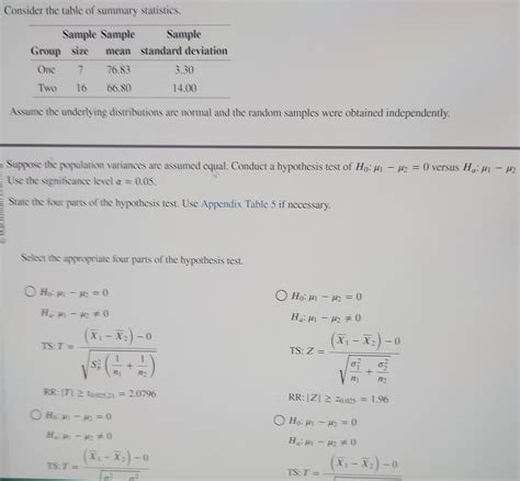 consider the table of summary statistics assume the