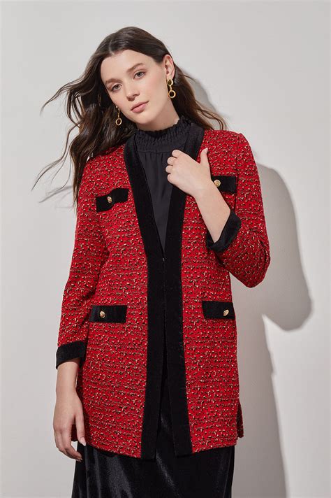 Plus Size Tailored Jacket Velvet Trim Tweed Knit