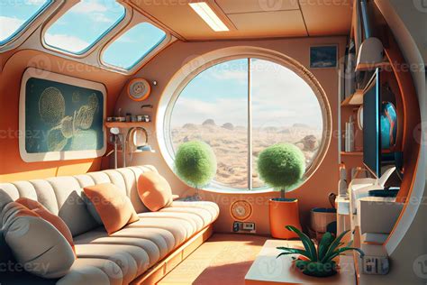 Illustration Of Comfy Living Room From The Year 2050 Scandinavian