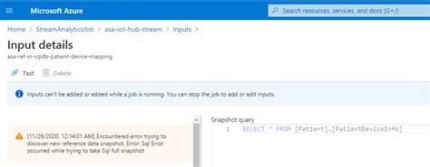 Azure Stream Analytics Reference Input Sql Db Snapshot Error