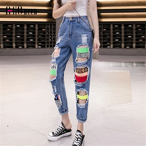 여름 Streetwear 여성 빈티지 섹시 할로우 아웃 루즈 와이드 레그 데님 바지 스플 라이스 홀 바지 청바지 하렘 팬츠팬티