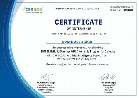 Completed A 15 Day Ai Internship With Ibm And Csrbox Prathmesh Soni