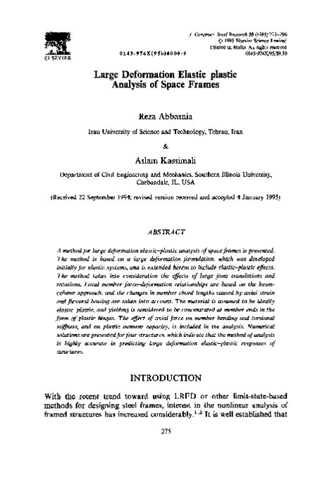 Pdf Large Deformation Elastic Plastic Analysis Of Space Frames