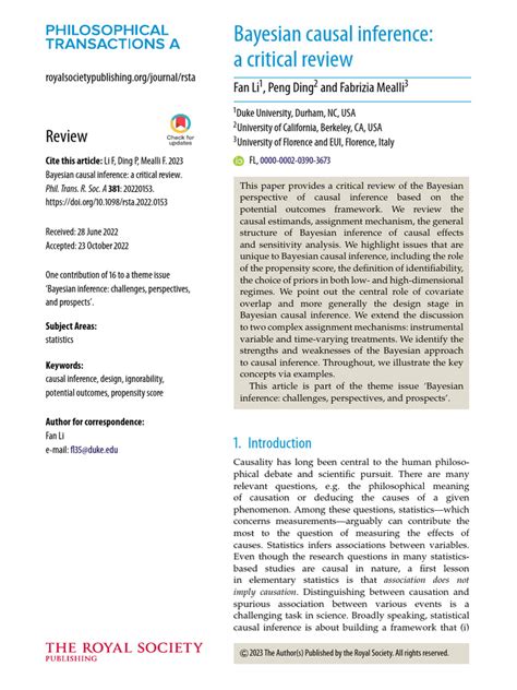 Li Et Al 2023 Bayesian Causal Inference A Critical Review Pdf Statistical Inference Causality