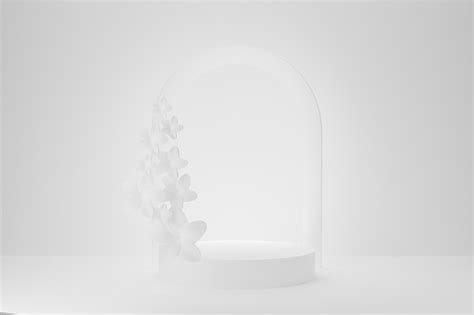 3d 사실적인 연단 배경 흰색 원통형 받침대 빛나는 아치에 흰색 봄 꽃이 장식 모형 3d 렌더링으로 제공됩니다 배치 제품 쇼케이스 플랫폼을 위한 봄 무대 0명에 대한 스톡