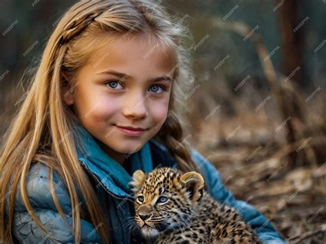 A Girl With A Leopard Cub Is Holding A Leopard Cub Premium Ai Generated Image