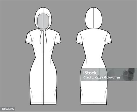 지퍼 업 후드 드레스 기술 패션 일러스트 와 짧은 소매 무릎 길이 장착 몸 연필 충만 플랫 0명에 대한 스톡 벡터 아트 및 기타
