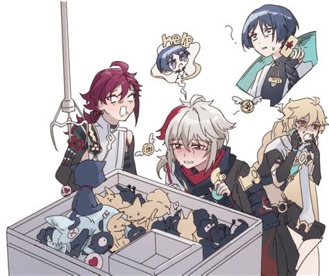 Some Anime Characters Are Standing In Front Of A Box With Stuffed