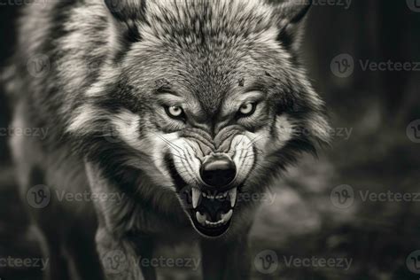 Ai Generated Greyscale Closeup Shot Of An Angry Wolf With A Blurred Background Ai Generated