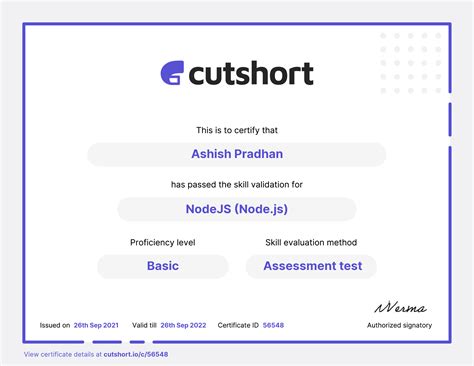 ashish s skill certificate for nodejs node js cutshort