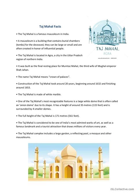 Taj Mahal Facts English Esl Worksheets Pdf Doc
