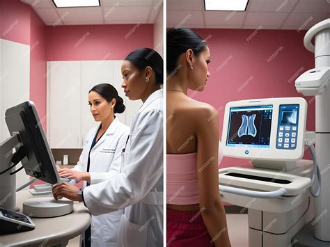Rear View Of Hispanic Woman Undergoing Mammogram Screening For Breast Cancer Prevention