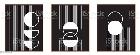 중반 세기 현대 기하학적 포스터 세트 바우 하우스 스타일 흑백 디자인 보보스에 대한 스톡 벡터 아트 및 기타 이미지 보보스 트립틱 기하 도형 Istock