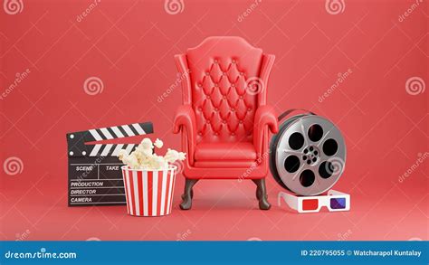 Red Cinema Chair With Popcornclapboard3d Glassereel Stock