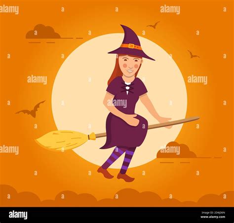 Witch Flying On Broomstick Background Of A Full Moon Holiday Halloween
