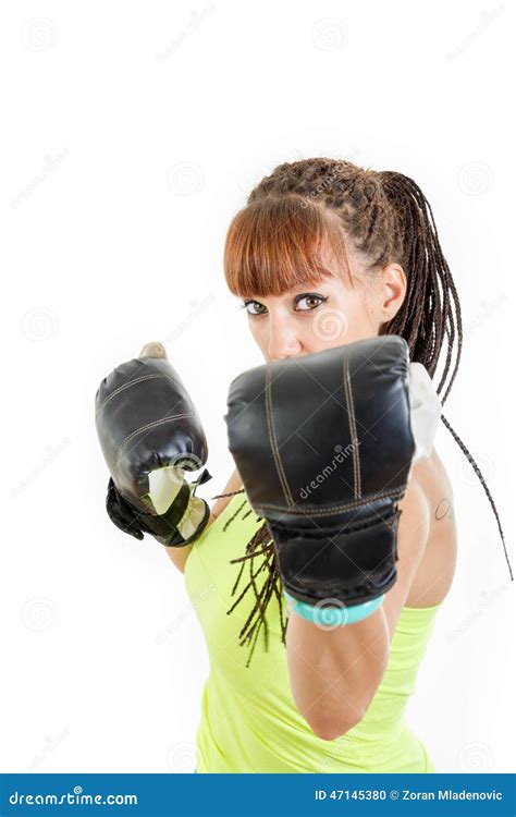 Girl In Rage Wearing Boxing Gloves Ready To Fight And Standing I Stock