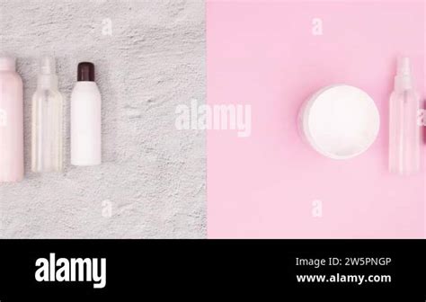 Bottles With Cosmetics Products Appear On Table From Left And Right