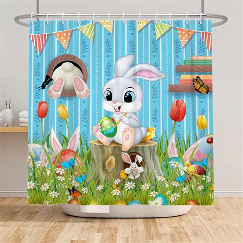 Spring Easter Shower Curtaincute Bunny Waterproof Fabric Bathroom