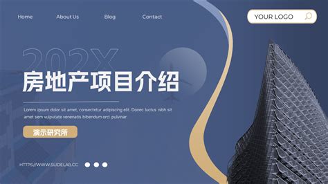 蓝金高端大气房地产项目介绍PPT模板 演示研究所