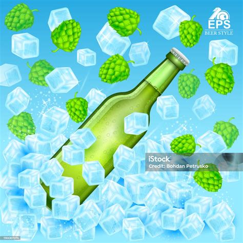 맥주의 사실적인 녹색 병은 파란색 배경에 비행 홉 콘과 얼음 사이에 얼음 조각에서 날아 0명에 대한 스톡 벡터 아트 및 기타