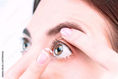 Closeup Female Face Finger Is Holding Soft Contact Lens Woman Is Going To Insert Lenses Tool