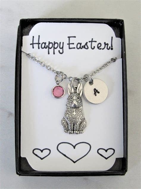 Easter Bunny Necklace With Initial Personalized Disk And Swarovski