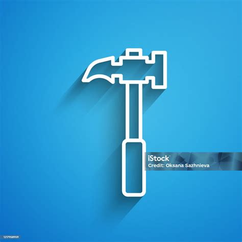 파란색 배경에 격리 된 흰색 선 발톱 망치 아이콘입니다 목수 망치 수리를위한 도구 긴 그림자 벡터 일러스트레이션 갈고리 발톱에 대한 스톡 벡터 아트 및 기타 이미지 Istock