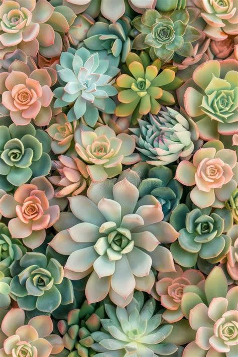 Close Up Of Various Pastel Colored Succulents In A Dense Arrangement