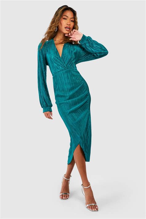 Plisse Wrap Midi Dress Boohoo Uk