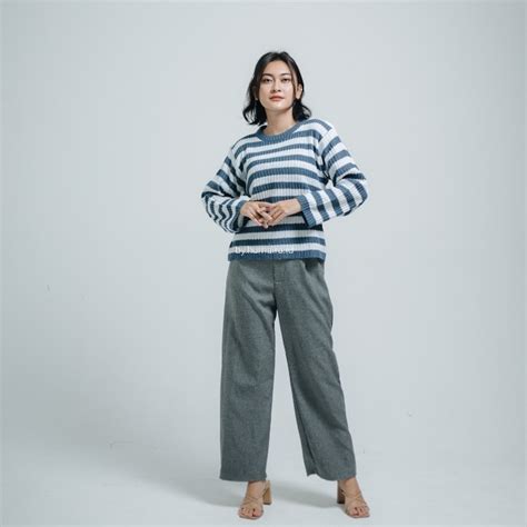 Jual Atasan 0blong Salur Wanita Kaos O Neck Knit Rajut Style Korea