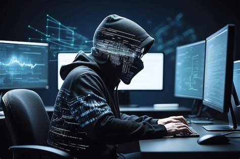 Premium Photo Side View Of Hacker Using Computers At Desk With