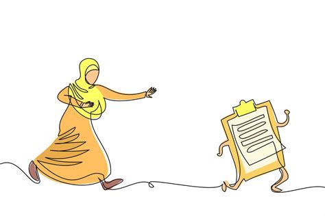 Continuous One Line Drawing Arabian Businesswoman Chasing Clipboard