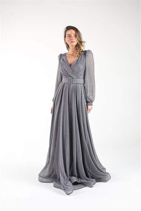 Antrasit Kemerli Uzun Kollu Simli Şifon Abiye Elbise ALİS DRESS