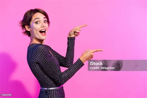 Photo Of Impressed Cheerful Lady Wear Glamour Outfit Pointing Two