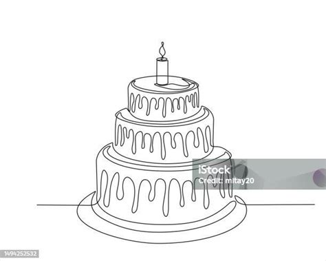 생일 케이크의 연속 선 그리기 달콤한 크림과 촛불 케이크 흰색 배경에 격리된 생일 축하 개념 손으로 그린 디자인 벡터 일러스트