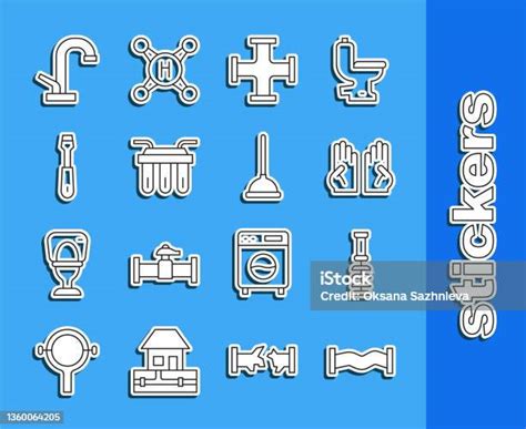 세트 라인 산업 금속 파이프 화장실 브러시 고무 장갑 물 필터 드라이버 탭 및 플런저 아이콘 벡터 건강관리와 의술에 대한 스톡 벡터 아트 및 기타 이미지 Istock