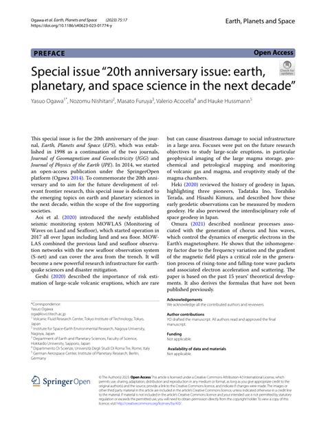 Pdf Preface Special Issue 20th Anniversary Issue Earth Planetary