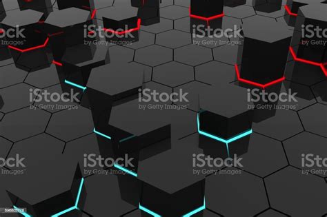 3d 렌더링에 기하학적 인 검은 육각형에 빨간색과 파란색 빛 추상적인 배경 0명에 대한 스톡 사진 및 기타 이미지 0명