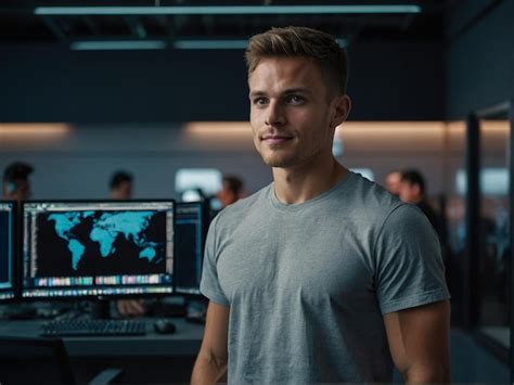 A Man In A Grey Shirt Is Standing In Front Of A Computer Monitor