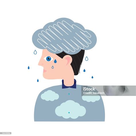 머리 위에 비오는 구름이있는 사람 우울증 슬픔 부정적인 감정의 개념 가공의 인물에 대한 스톡 벡터 아트 및 기타 이미지