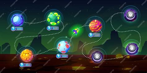 Free Vector Space Game Ui Level Map With Imaginary Alien Planets On Way To Finish Line And