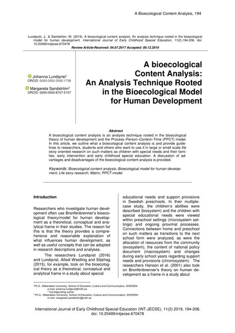 Pdf A Bioecological Content Analysis An Analysis Technique Rooted In The Bioecological Model