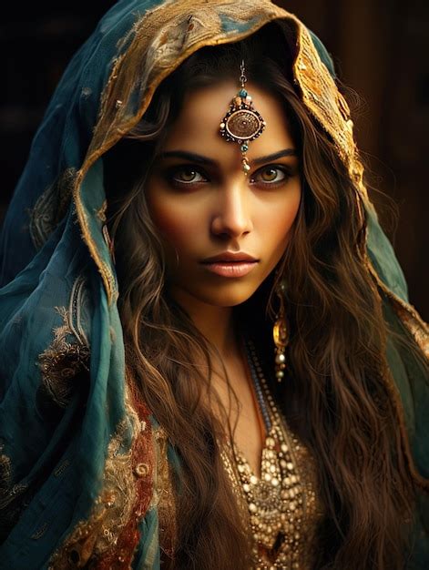 Premium Photo A Woman With Long Hair And A Blue Scarf Is Standing In
