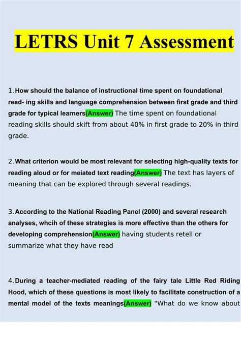 LETRS Unit Assessment Questions And Answers Verified Answers LETRS Stuvia US