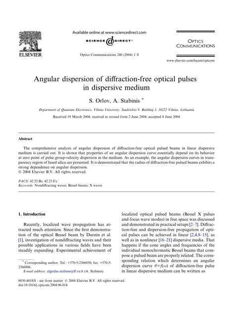Pdf Angular Dispersion Of Diffraction Free Optical Pulses In Dispersive Medium