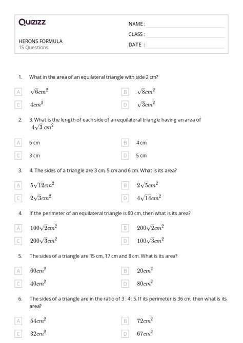 50 Herons Formula Worksheets For 9th Year On Quizizz Free Printable