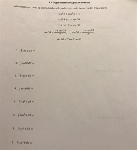 Solved Trigonometric Integrals Worksheet Information You Chegg