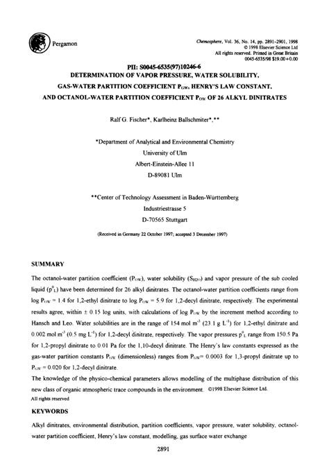 Pdf Determination Of Vapor Pressure Water Solubility Gas Water